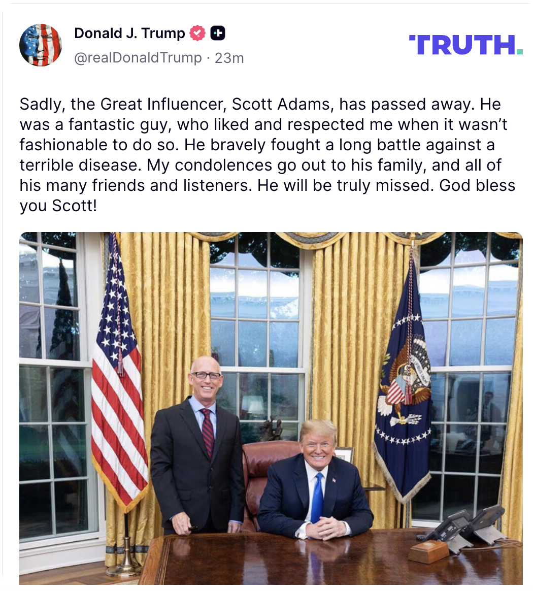 The GREAT Scott Adams has passed. Tributes pour in-and we share his ...